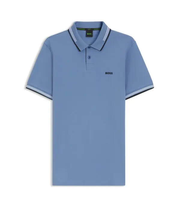 BOSS Stretch-cotton Slim-fit Polo Shirt With Branding And Stripes - Light Blue