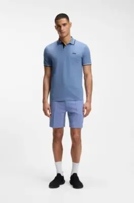 BOSS Stretch-cotton Slim-fit Polo Shirt With Branding And Stripes - Light Blue