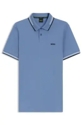 BOSS Stretch-cotton Slim-fit Polo Shirt With Branding And Stripes - Light Blue