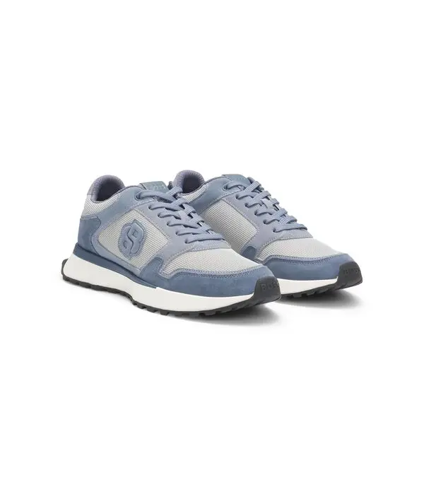 BOSS Suede Trim Trainers With Double B Monogram - Light Blue