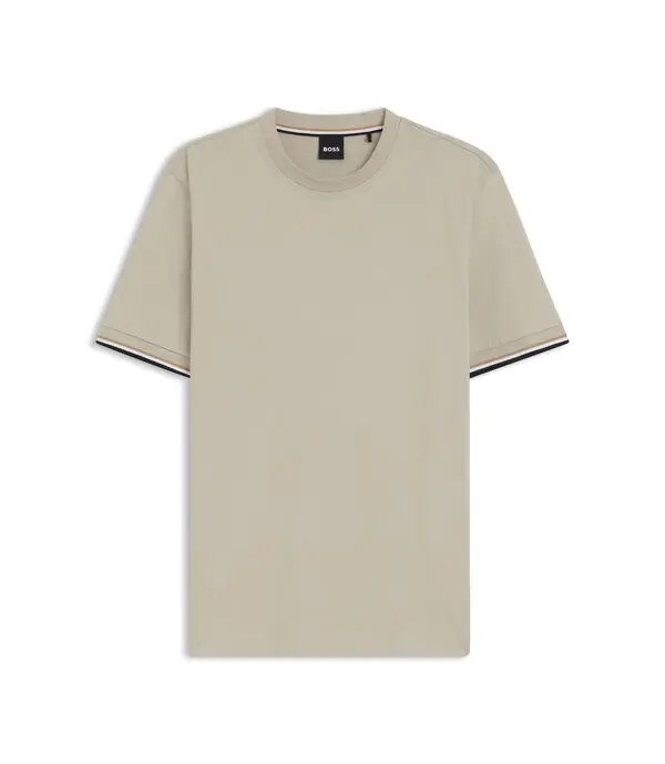 BOSS Cotton-jersey T-shirt With Signature-stripe Cuffs - Light Beige
