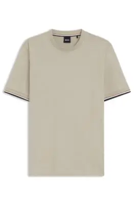 BOSS Cotton-jersey T-shirt With Signature-stripe Cuffs - Light Beige
