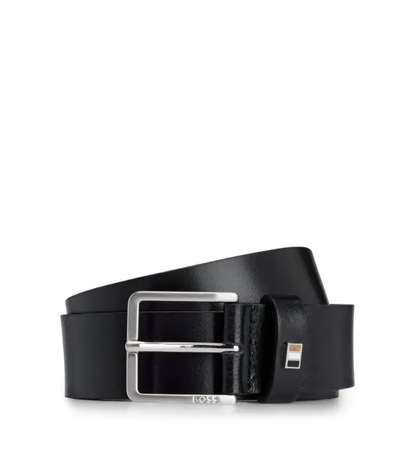 BOSS Italian-leather Belt With Signature Stripe - Black