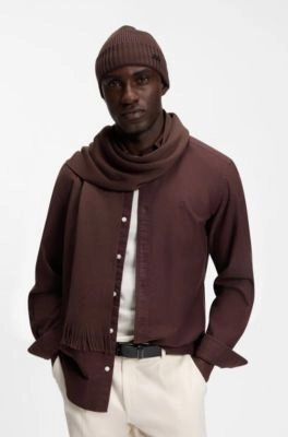 BOSS Knit Scarf In Virgin Wool With Logo Detail - Dark Brown