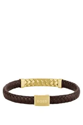 BOSS Brown Leather Herringbone Cuff