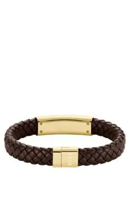 BOSS Braided Leather Cuff With Logo Plate