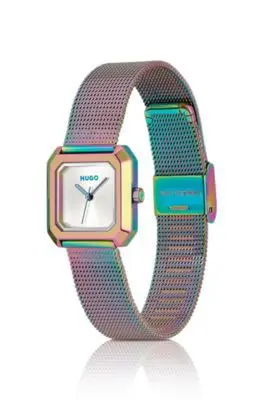 Hugo Hazel Iridescent Square Watch With Mesh Bracelet