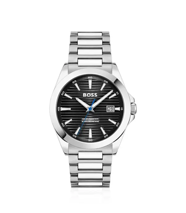 BOSS Silver-tone Watch With Black Grooved Dial