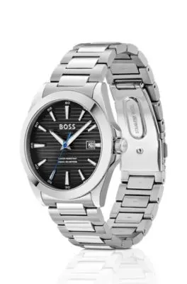 BOSS Silver-tone Watch With Black Grooved Dial