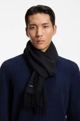 BOSS Italian-made Wool Scarf With Logo Patch