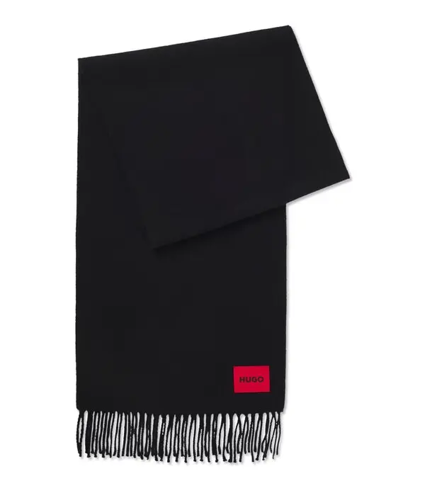 Hugo Twisted-fringe Scarf In Wool Twill - Black