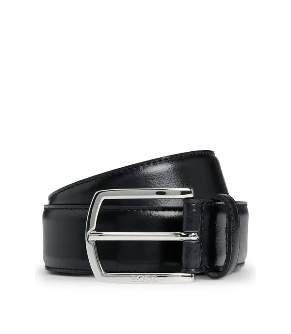 BOSS Italian Leather Belt With Engraved Logo Buckle - Black