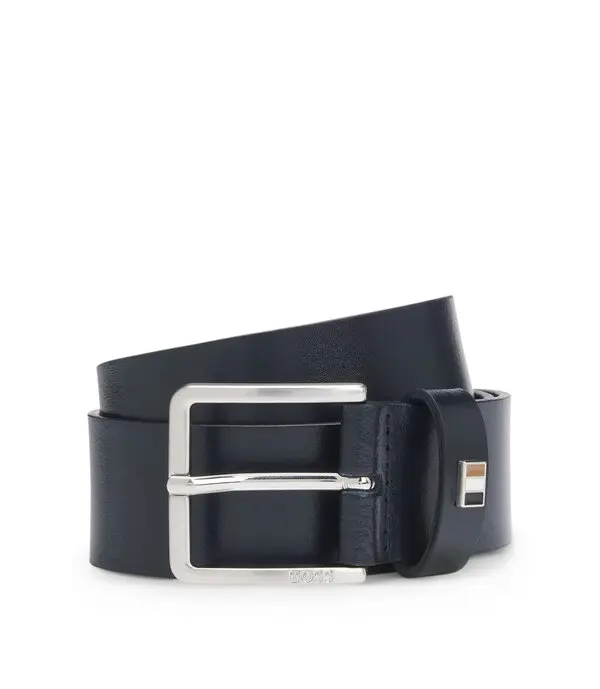 BOSS Italian-leather Belt With Signature-stripe Keeper - Dark Blue