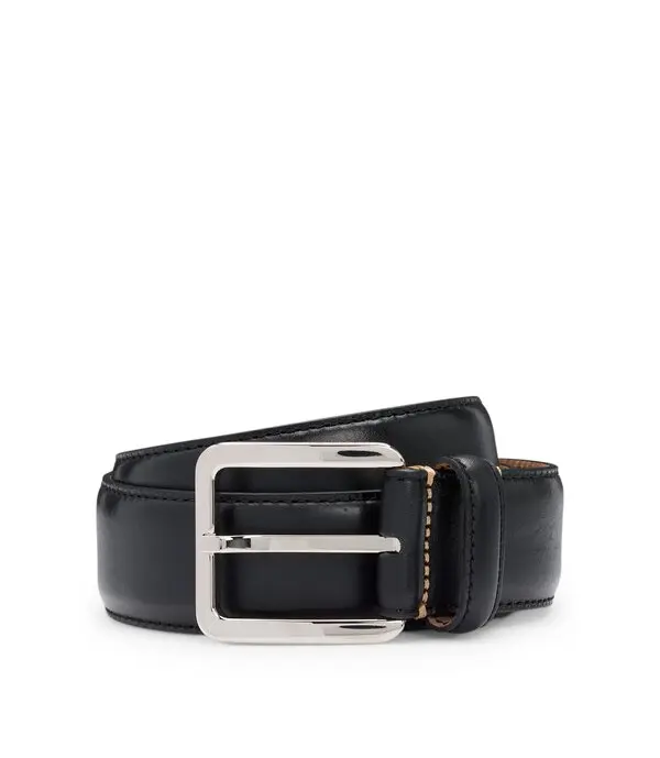 BOSS Italian Leather Belt With Contrast Stitching And Silver-tone Buckle - Black