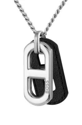 BOSS Steel And Leather Double Pendant Necklace