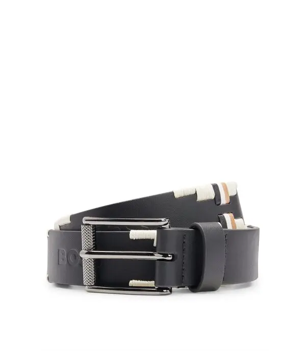 BOSS Equestrian Leather Belt With Embroidered Stripes - Black
