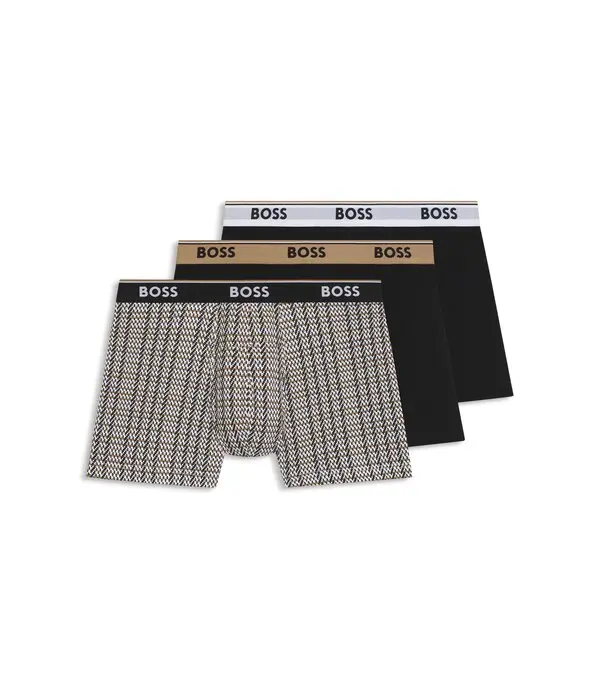 BOSS Three-pack Of Logo-waistband Boxer Briefs In Stretch Cotton - Patterned