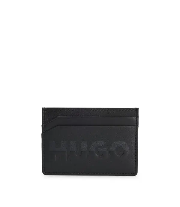 Hugo Split-logo Card Holder In Matte Leather - Black