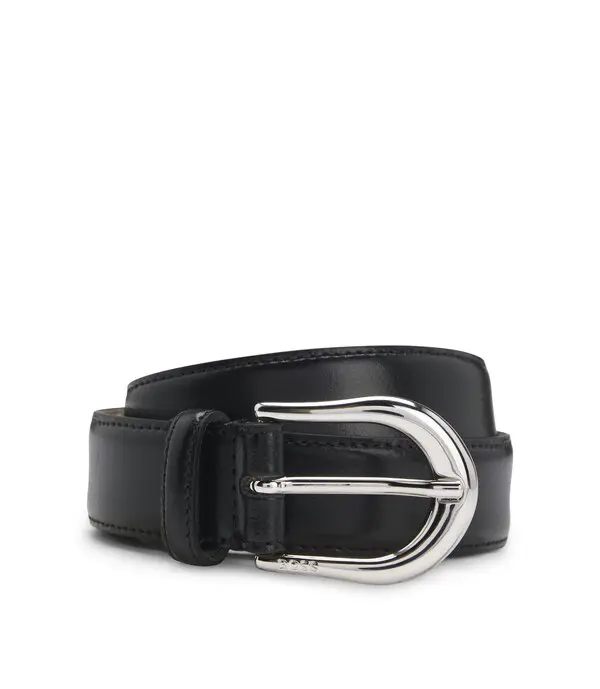 BOSS Italian Leather Belt With Rounded Buckle - Black