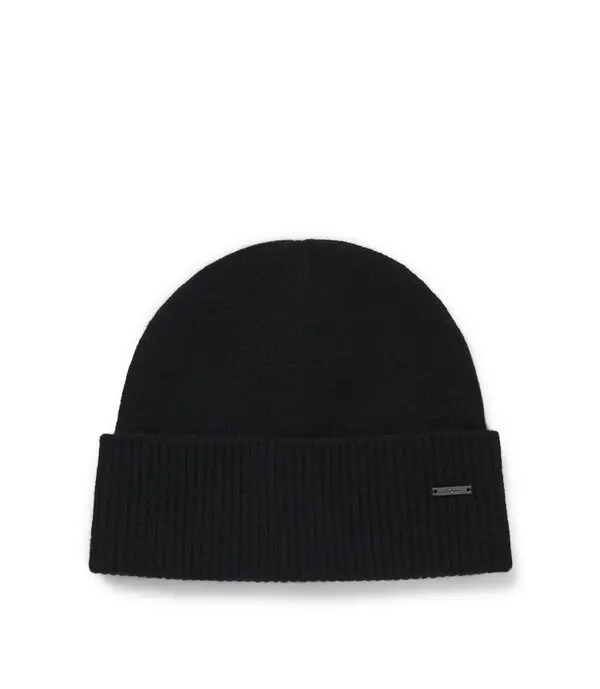 BOSS Logo-plaque Beanie Hat In Cashmere - Black