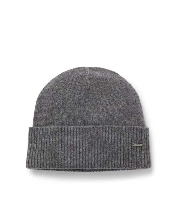 BOSS Cashmere Knit Beanie With Metal Logo Plaque - Grey