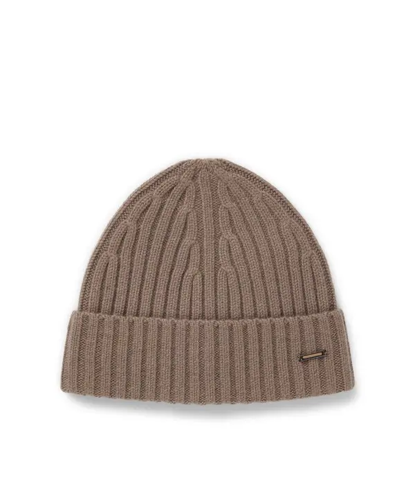 BOSS Cashmere Beanie Hat With Ribbing - Light Beige