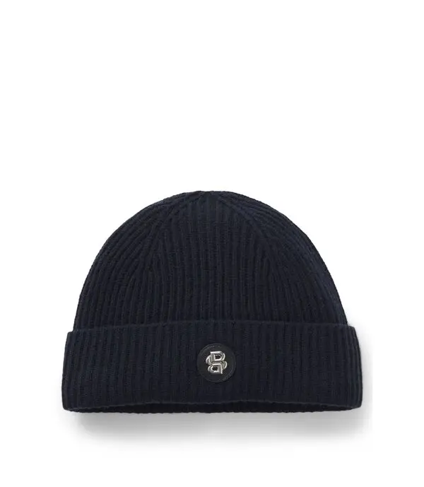 BOSS Wool-cashmere Beanie Hat With Double B Monogram - Dark Blue
