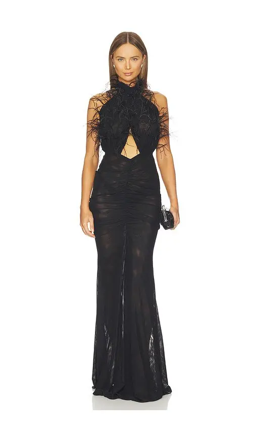 Lapointe Feather Embroidery Halter Ruched Gown - Black