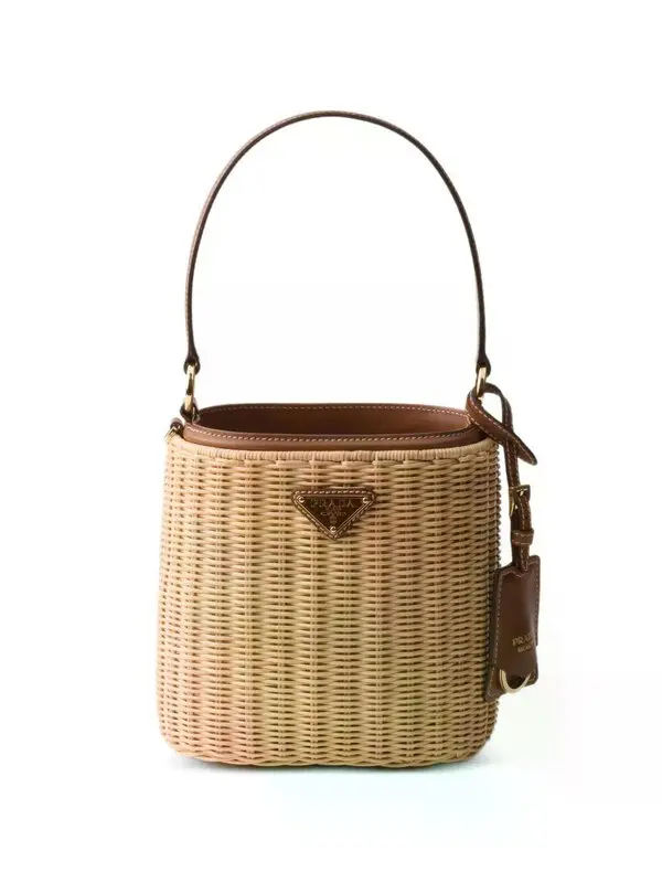 Prada Woven Bucket Bag With Leather Details - Neutrals