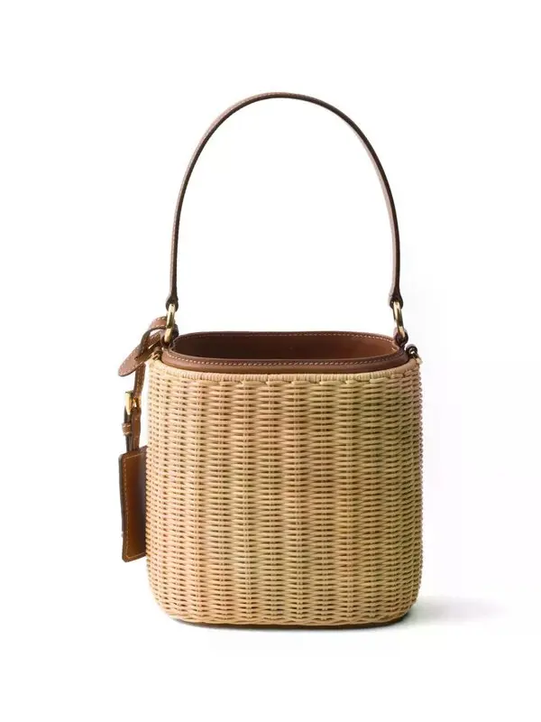 Prada Woven Bucket Bag With Leather Details - Neutrals