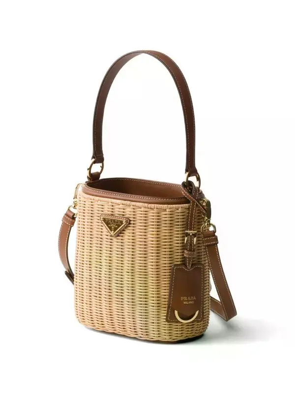 Prada Woven Bucket Bag With Leather Details - Neutrals
