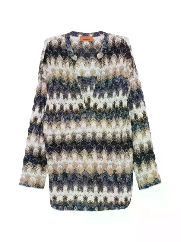 Missoni Zigzag Pattern Metallic Knit V-neck Blouse