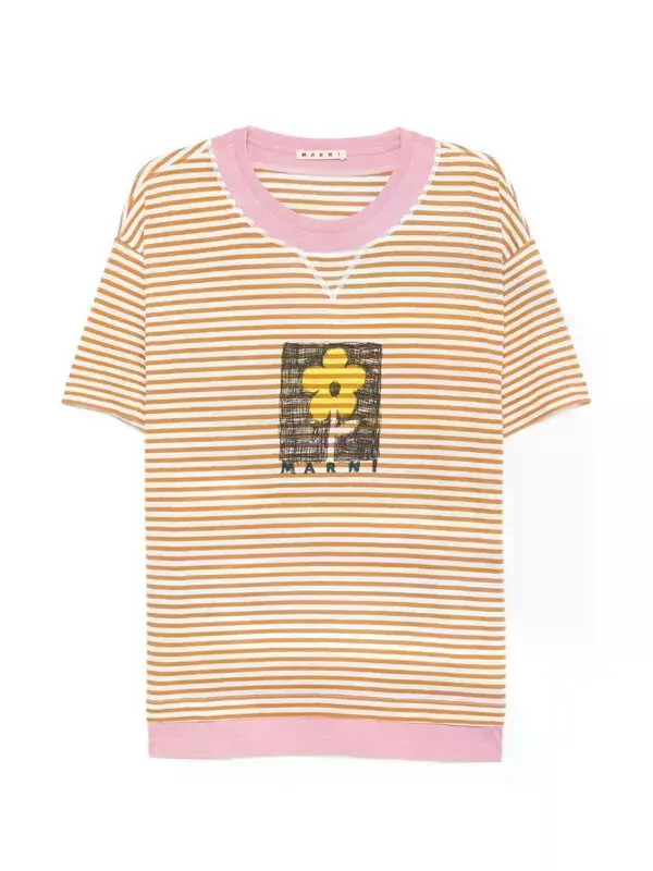 Marni Stripe-pattern Floral-print T-shirt - Brown