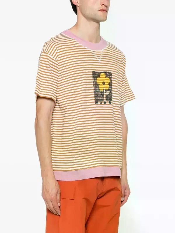 Marni Stripe-pattern Floral-print T-shirt - Brown