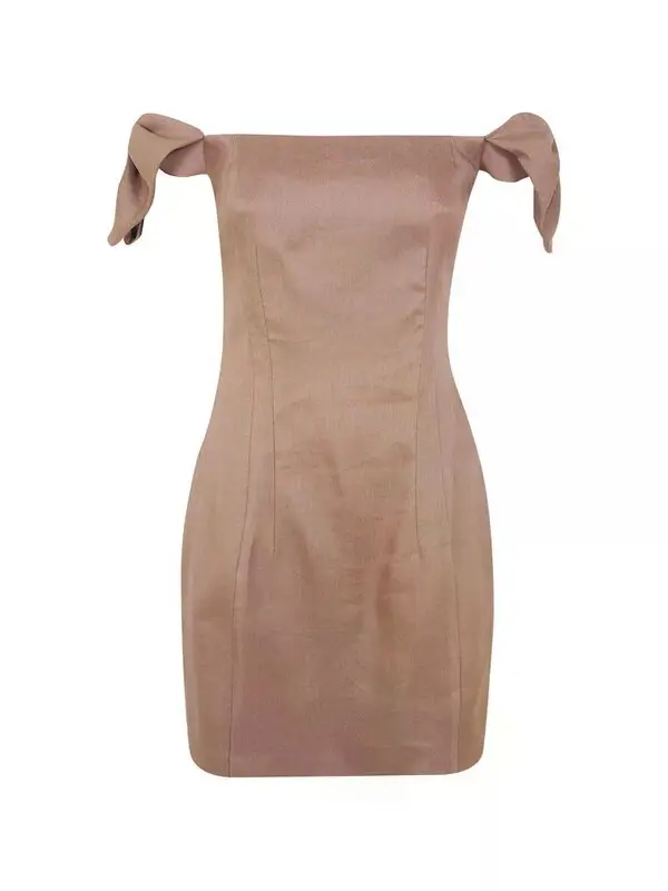 Elisabetta Franchi Off-the-shoulder Linen-blend Mini Dress With Bow Accents - Brown