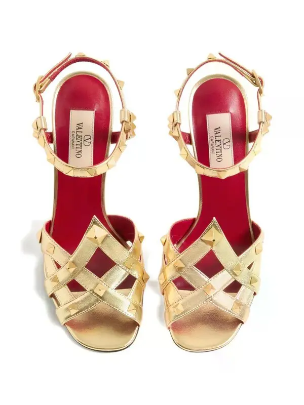 Valentino Garavani Studded Sandals In Laminated Nappa Leather - Gold