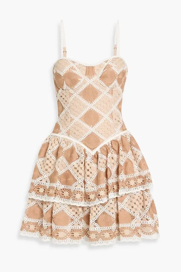 PatBO Bossa Tiered Crocheted Cotton Mini Dress - Beige