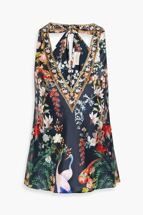 Camilla Crystal-embellished Printed Silk-twill Top