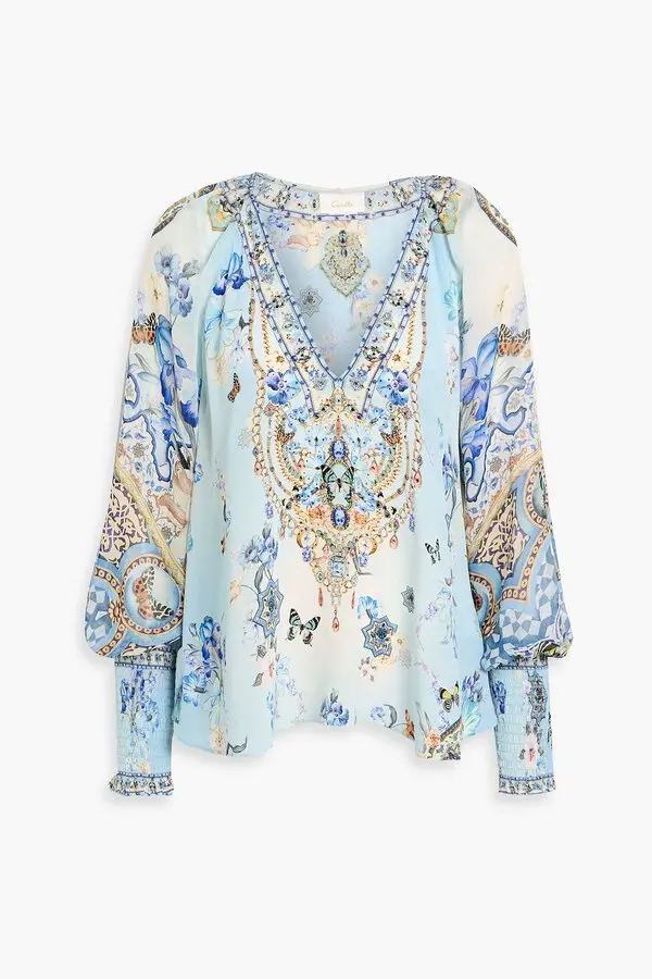 Camilla Crystalembellished Printed Silk Crepe De Chine Blouse - Sky Blue