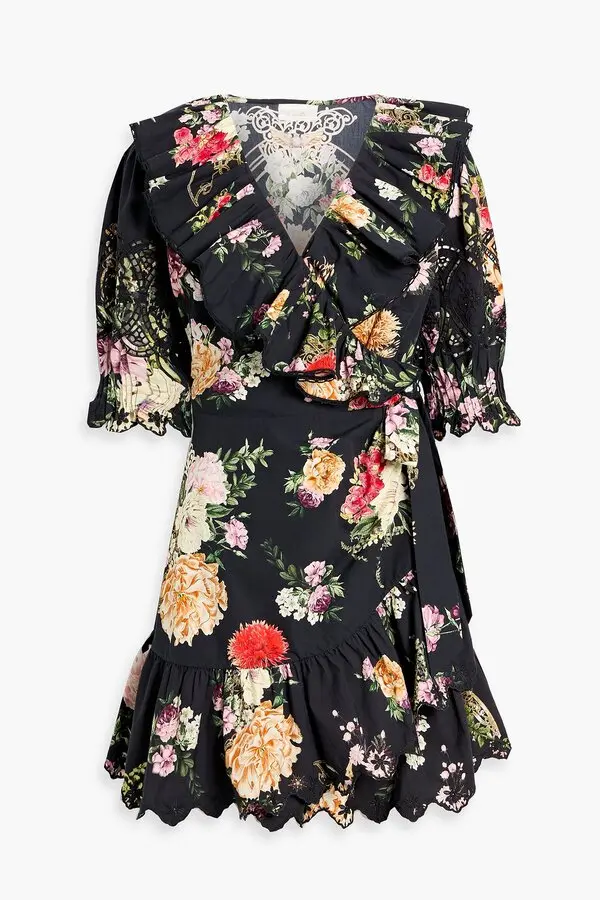 Camilla Broderie Anglaise-trimmed Floral-print Cotton-poplin Mini Wrap Dress - Black