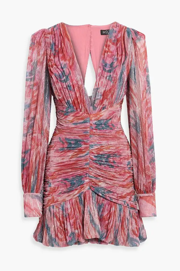 PatBO Twist Ruched Metallic Printed Mesh Mini Dress