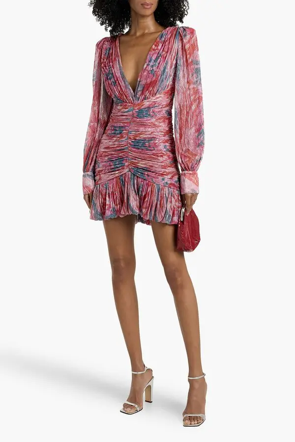 PatBO Twist Ruched Metallic Printed Mesh Mini Dress