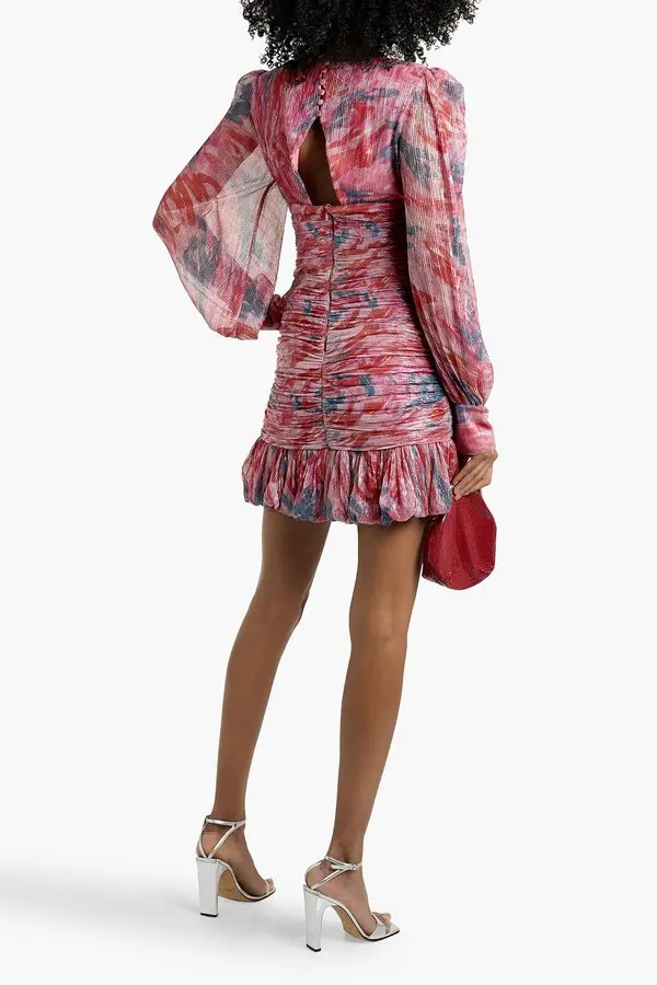 PatBO Twist Ruched Metallic Printed Mesh Mini Dress