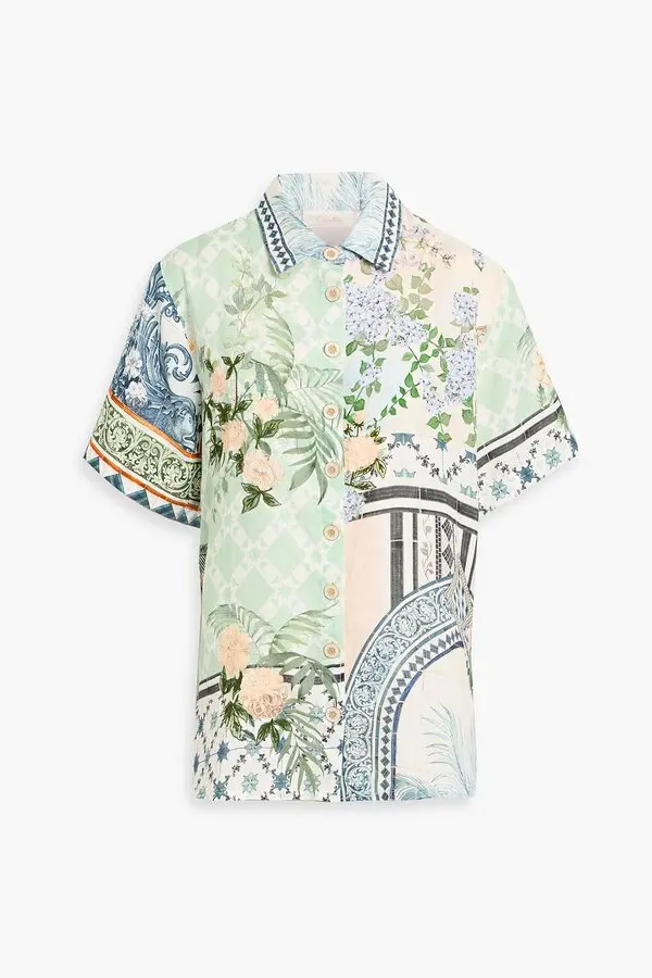 Camilla Crystal-embellished Printed Linen Shirt - Mint