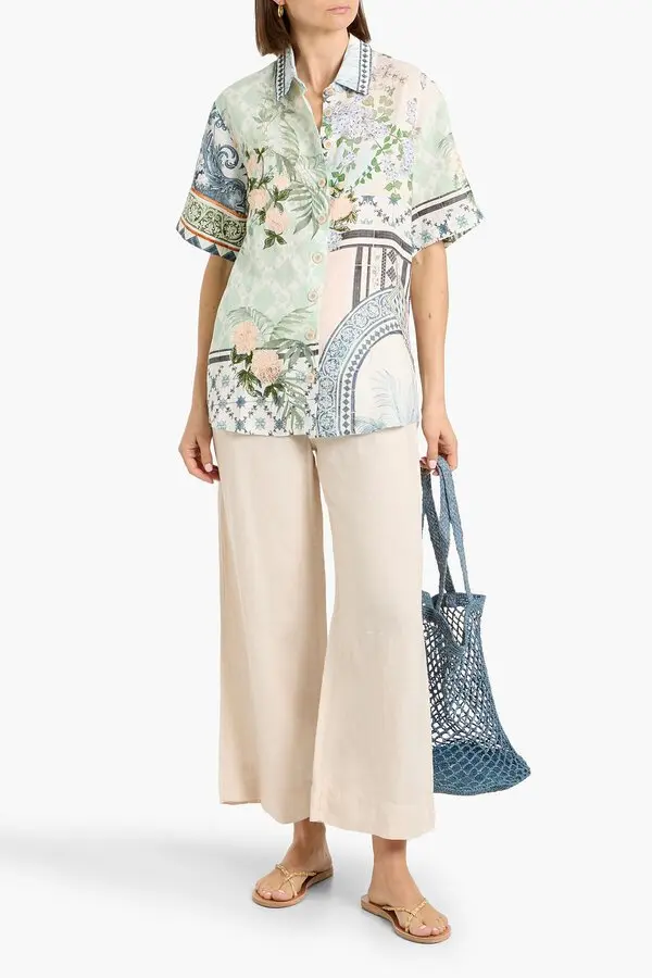 Camilla Crystal-embellished Printed Linen Shirt - Mint