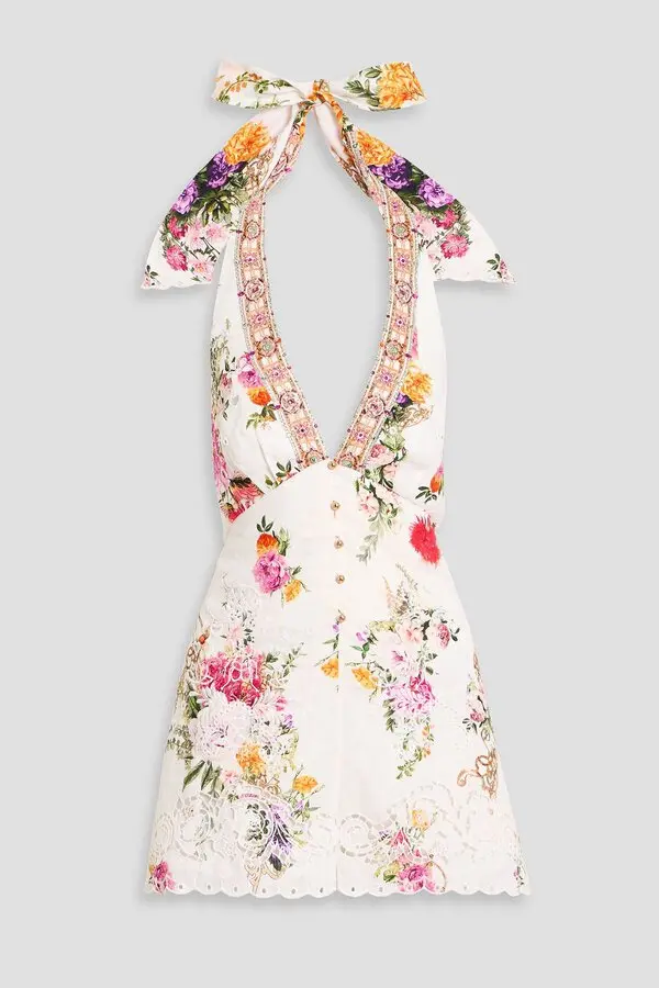 Camilla Floral-print Broderie Anglaise Linen Halterneck Playsuit - Ecru