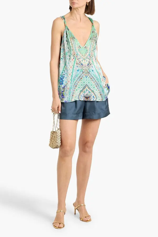 Camilla Embellished Printed Silksatin Top - Mint