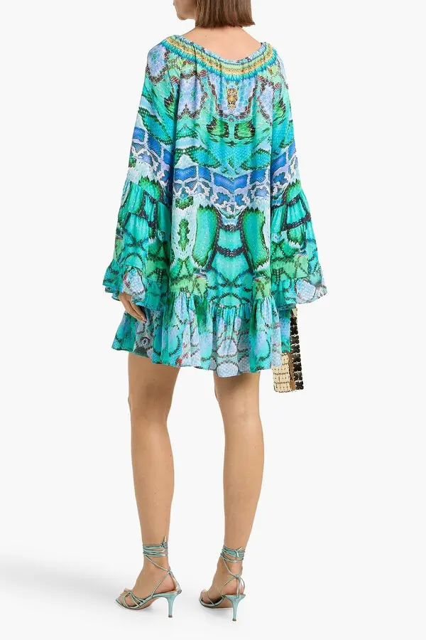 Camilla Crystal-embellished Printed Silk Dress - Turquoise
