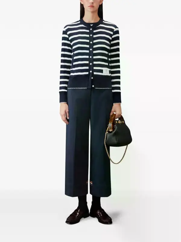 Thom Browne Striped Ribbed Knit Cardigan With Scallop Edge - Blue