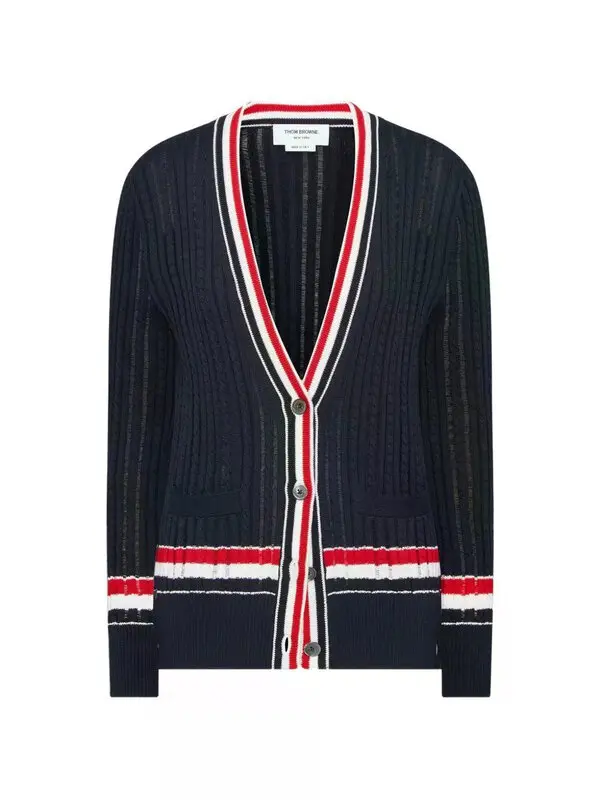 Thom Browne Rwb Stripe Ladder Cable Elongated Cardigan - Blue